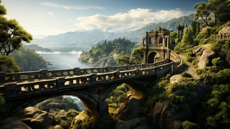 A Bridge Overring Cliffside with Trees Stock Illustration ...