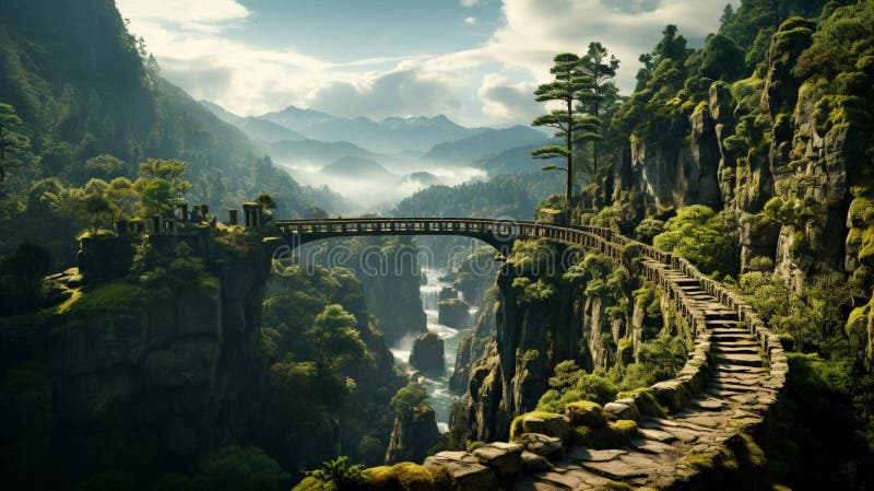 A Bridge Overring Cliffside with Trees Stock Illustration ...