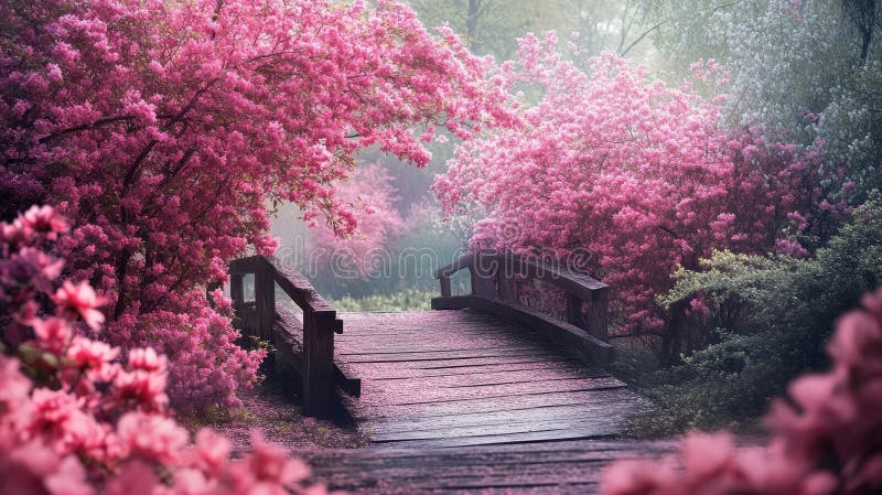 A Bridge in a Park with Pink Flowers Stock Illustration - Illustration ...