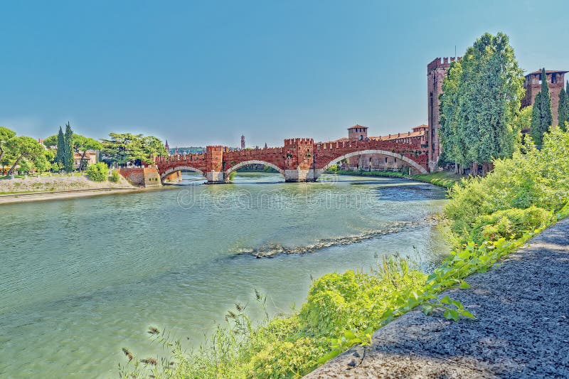 Bridge Ponte Pietra in Verona on Adige River Stock Image - Image of ...
