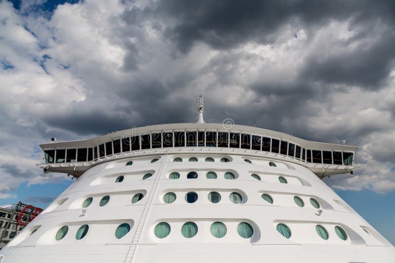 Front of Luxury Cruise Ship with Yellow Lifeboats in Foggy Harbor Stock ...
