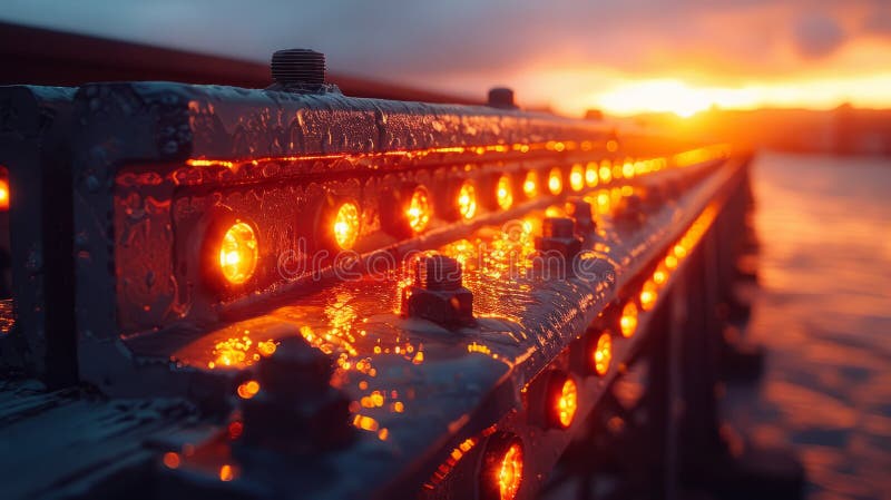 A Bridge Railing with Lights at Sunset Stock Image - Image of sunset ...