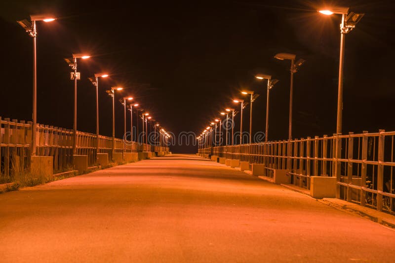 Bridge with Railing and Street Lights in Night Stock Photo - Image of ...