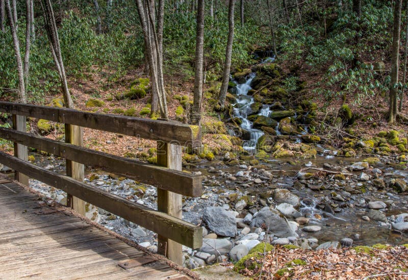 Bridge Railing and Waterfall in Balmy Winter Stock Photo - Image of ...