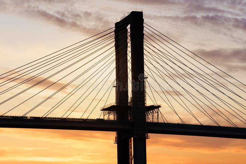Bridge in the Rays of the Setting Sun. Stock Image - Image of cable ...