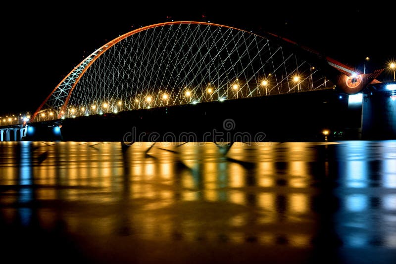Bridge with Red Arch in Night Light Stock Image - Image of colored ...