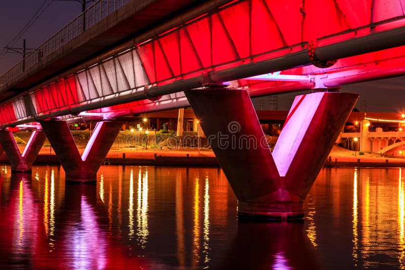 A Bridge with Red Lights Shining on it Stock Image - Image of famous ...