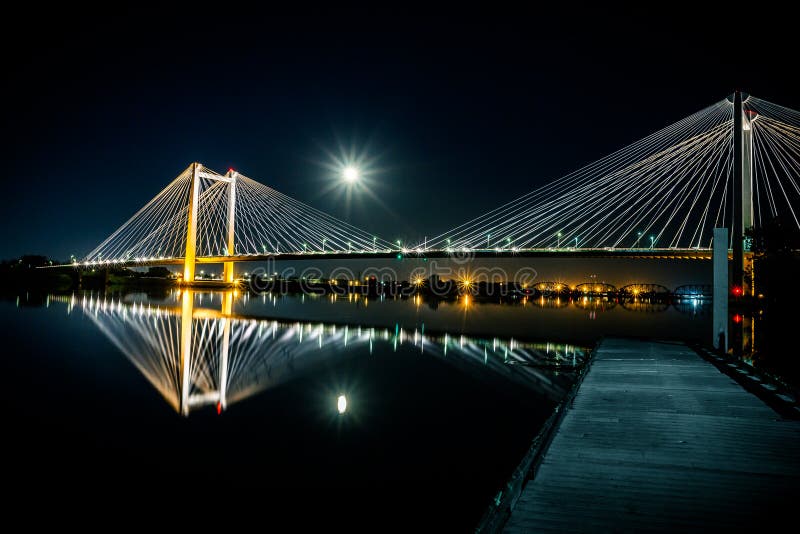Bridge with Reflection on Columbia River at Night with Full Moon ...