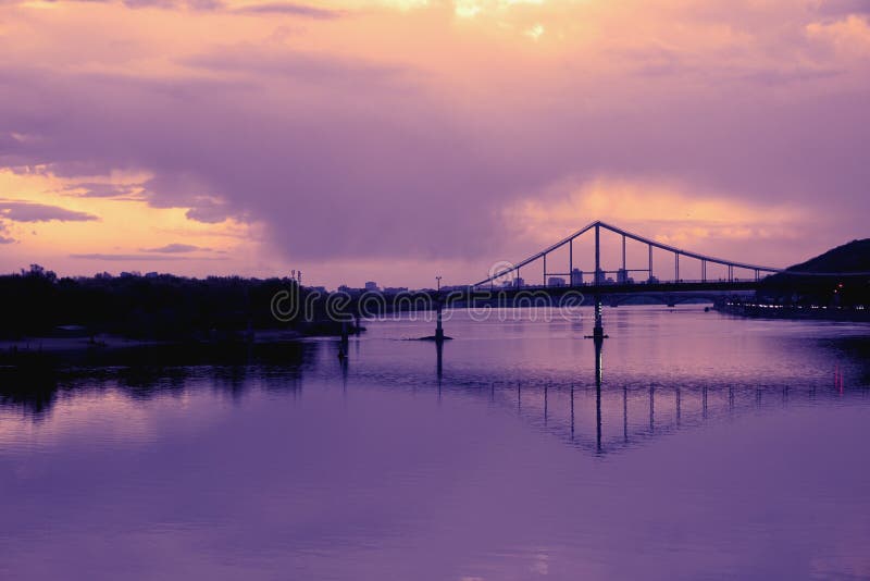 Bridge Reflection in Water Surface of River Dnieper Duaring Sunset Time ...