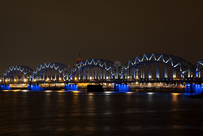 Bridge through the River with Blue Led Lights. Stock Image - Image of ...