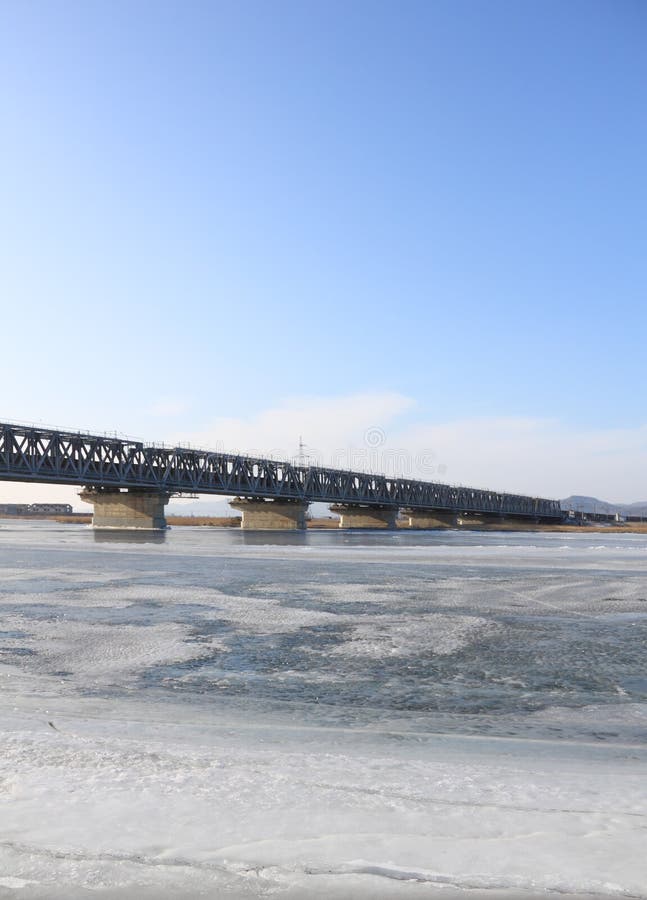 Bridge through River Covered Ice Stock Image - Image of blue, tranquil ...