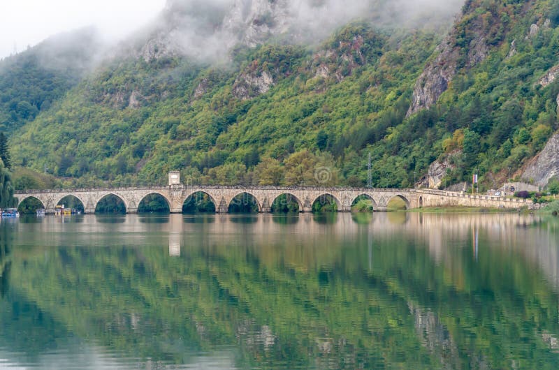 Bridge on the River Drina with a Cloud Covering Mountain Slopes Stock ...
