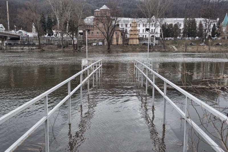 The Bridge at the River Flooded Stock Photo - Image of flooded, walkway ...