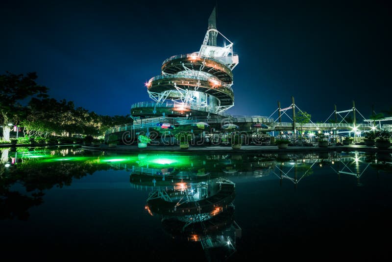 Bridge and a Round Building in Hong Kong at Night Stock Photo - Image ...