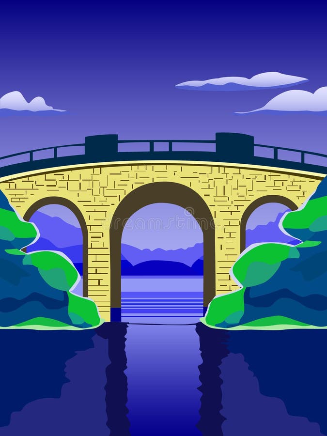 Vector Illustration of a Bridge Over a River in a Cartoon Style. Stock ...