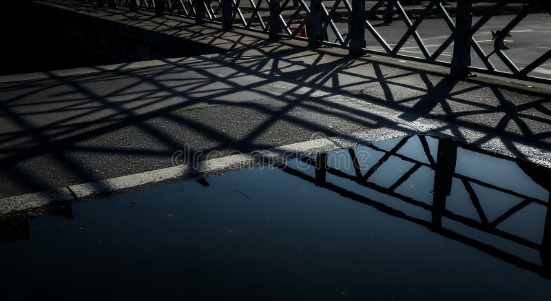 Bridge Shadow Reflected in Puddle on Asphalt Road with Geometric ...