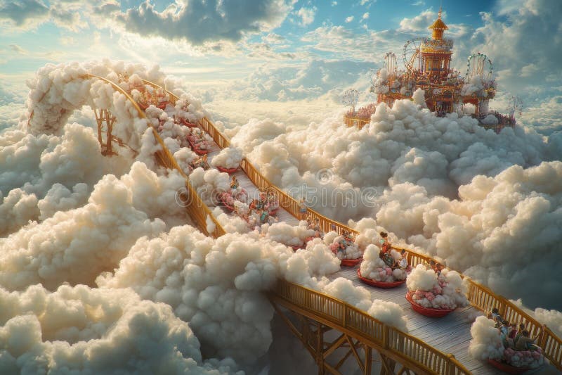 A Bridge is Shown in the Clouds with People Riding on it Stock Image ...