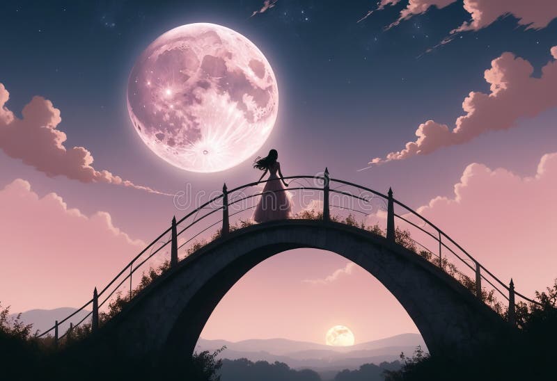 Bridge in the Sky with Moon Stock Illustration - Illustration of ...