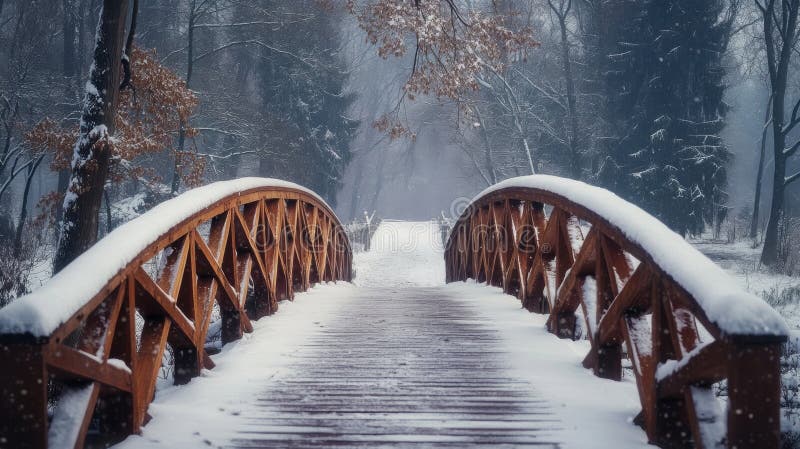 A Bridge in the Snow Covered Woods with Trees and a Path, AI Stock ...