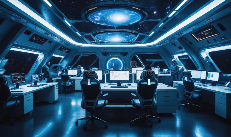The Bridge of a Spaceship, with a View of the Earth in the Window, is ...