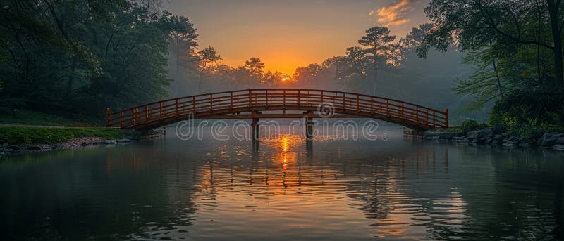 A Bridge Spanning a Tranquil River at Sunrise Stock Image - Image of ...