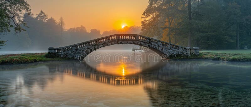 A Bridge Spanning a Tranquil River at Sunrise Stock Image - Image of ...