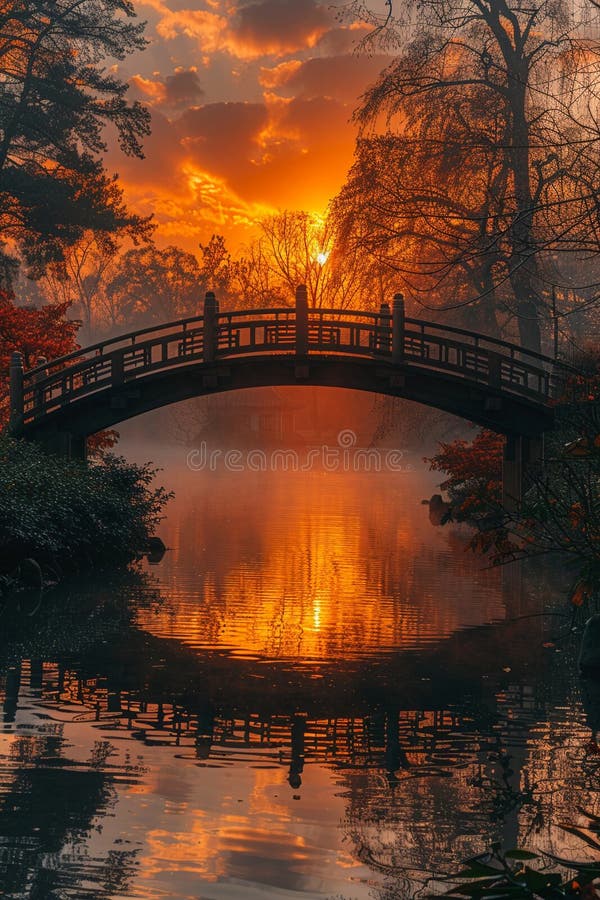 A Bridge Spanning a Tranquil River at Sunrise Stock Image - Image of ...