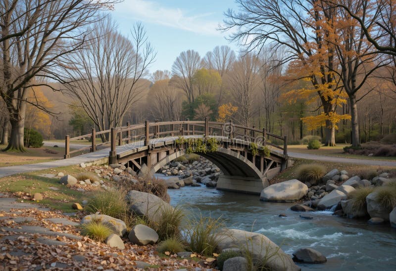 A Bridge Spans a River with a Path on Either Side Stock Illustration ...