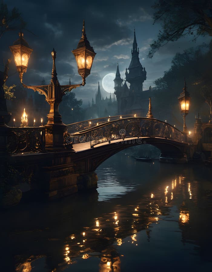 A Bridge Spans the River Under a Full Moon, with a Castle in the ...