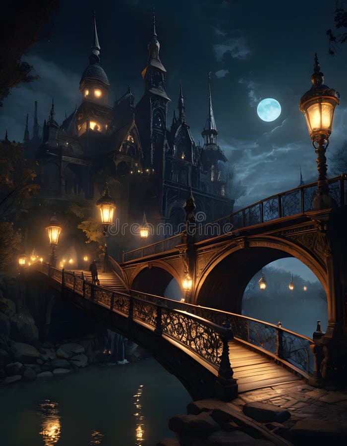 Bridge Spans River Under Full Moon Castle Background Stock Photos ...