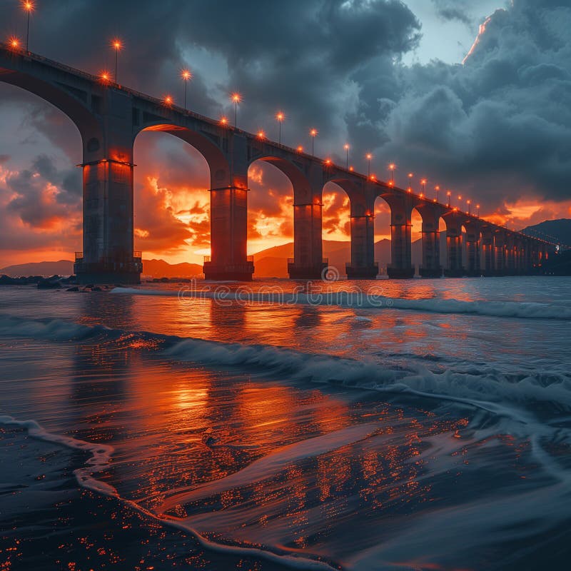 A bridge with the sun stock illustration. Illustration of island ...