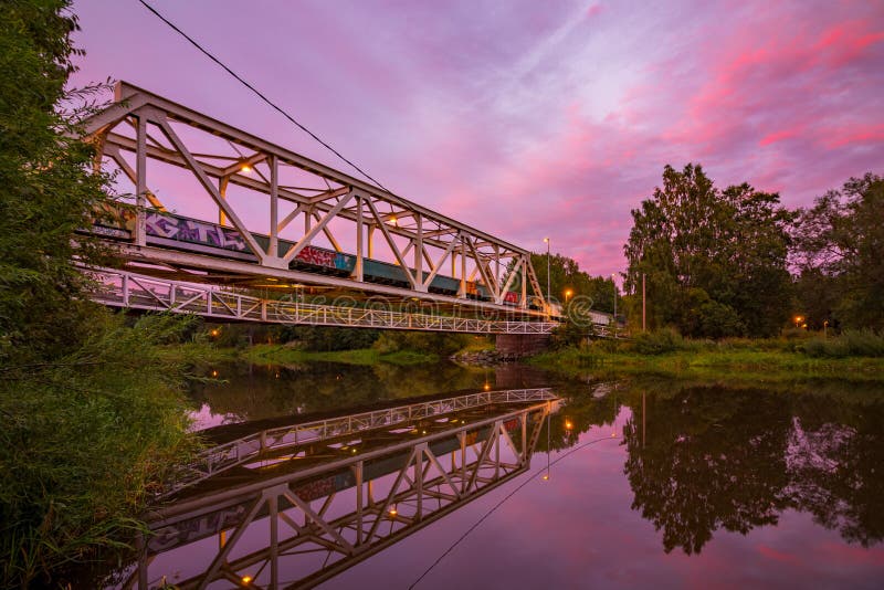 Bridge in sunset stock photo. Image of calm, truss, trees - 100025836