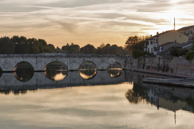 Bridge of Tiberius in Rimini, Italy. Stock Image - Image of river ...