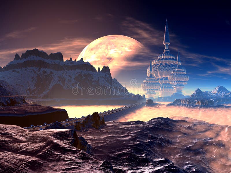 Alien Landscape with Futuristic Greek City Stock Illustration ...