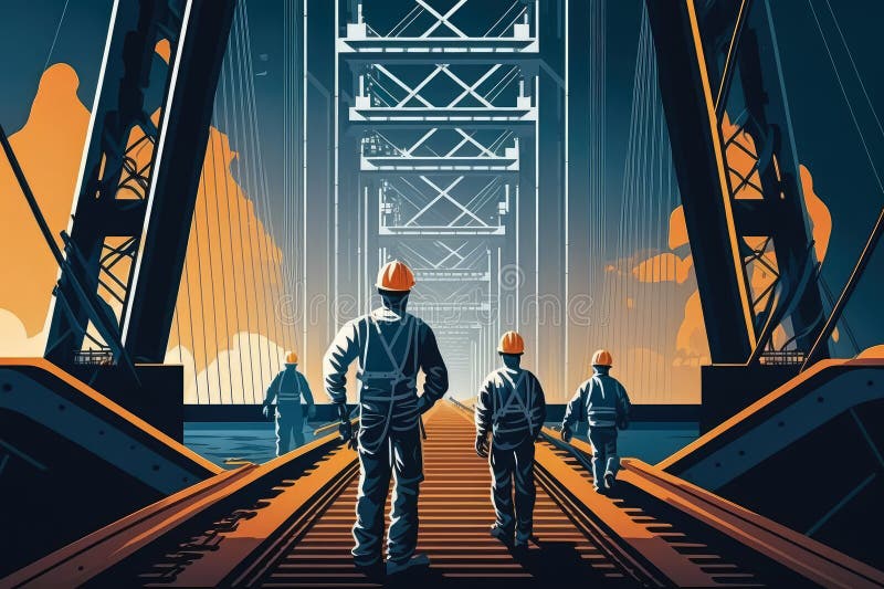 Bridge Under Construction with Workers Assembling Cables and Beams in a ...