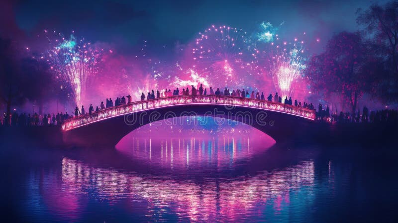 Bridge Under Fireworks with Silhouettes of People Stock Illustration ...