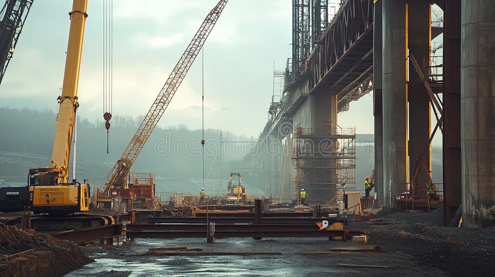 A Bridge Under Renovation, with Cranes and Workers Replacing Support ...