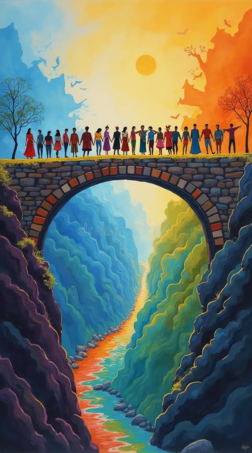 Bridge of Unity: People from Different Backgrounds Walking Across a ...