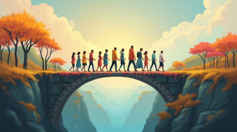 Bridge of Unity: People from Different Backgrounds Walking Across a ...