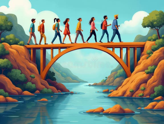 Bridge of Unity: People from Different Backgrounds Walking Across a ...