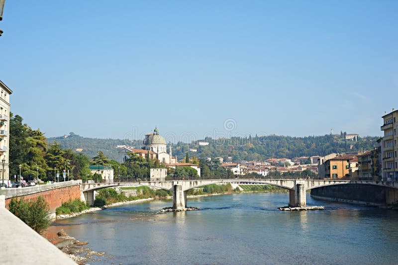 Bridge in Verona Over Adige River Stock Photo - Image of culture, tile ...