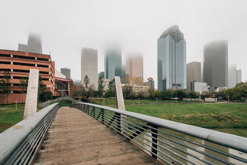 Bridge and View of the Downtown Skyline in Fog, in Houston, Texas ...