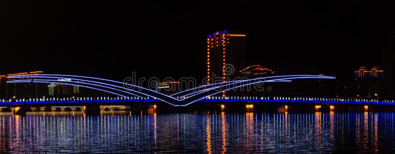 Bridge in Yanji. Night Lighting, Panorama. Editorial Photo - Image of ...