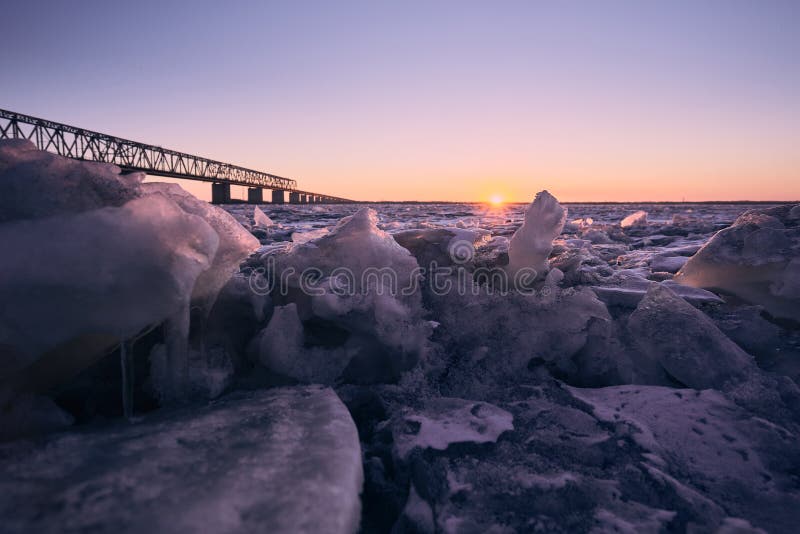 Bridge through Zeya River at Sunrise Stock Image - Image of sunrise ...