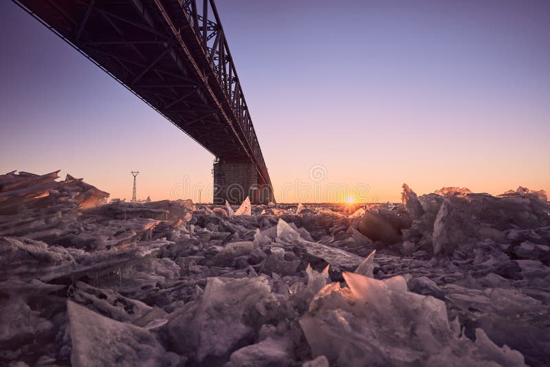Bridge through Zeya River at Sunrise Stock Image - Image of sunrise ...