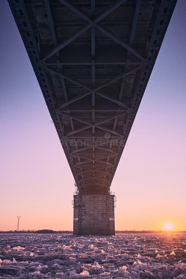 Bridge through Zeya River at Sunrise Stock Photo - Image of road ...