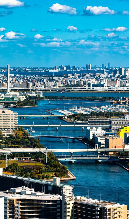 Bridges Crossing Tokyo Bay, Tokyo Stock Photo - Image of clouds, water ...