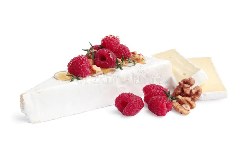Brie Cheese Served with Honey, Raspberries and Walnuts Isolated on ...