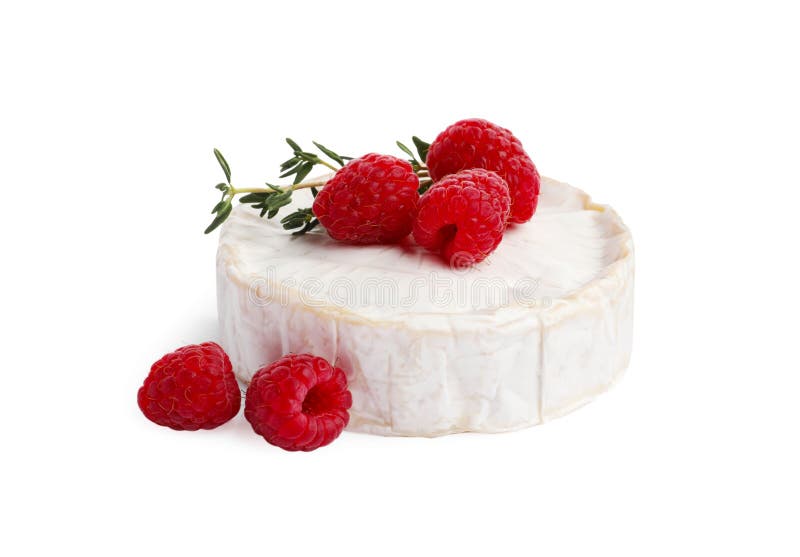 Brie Cheese Served with Raspberries Isolated on White Stock Photo ...