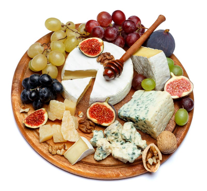 Brie Cheese on a Wooden Board with Fresh Figs and Grapes Stock Photo ...
